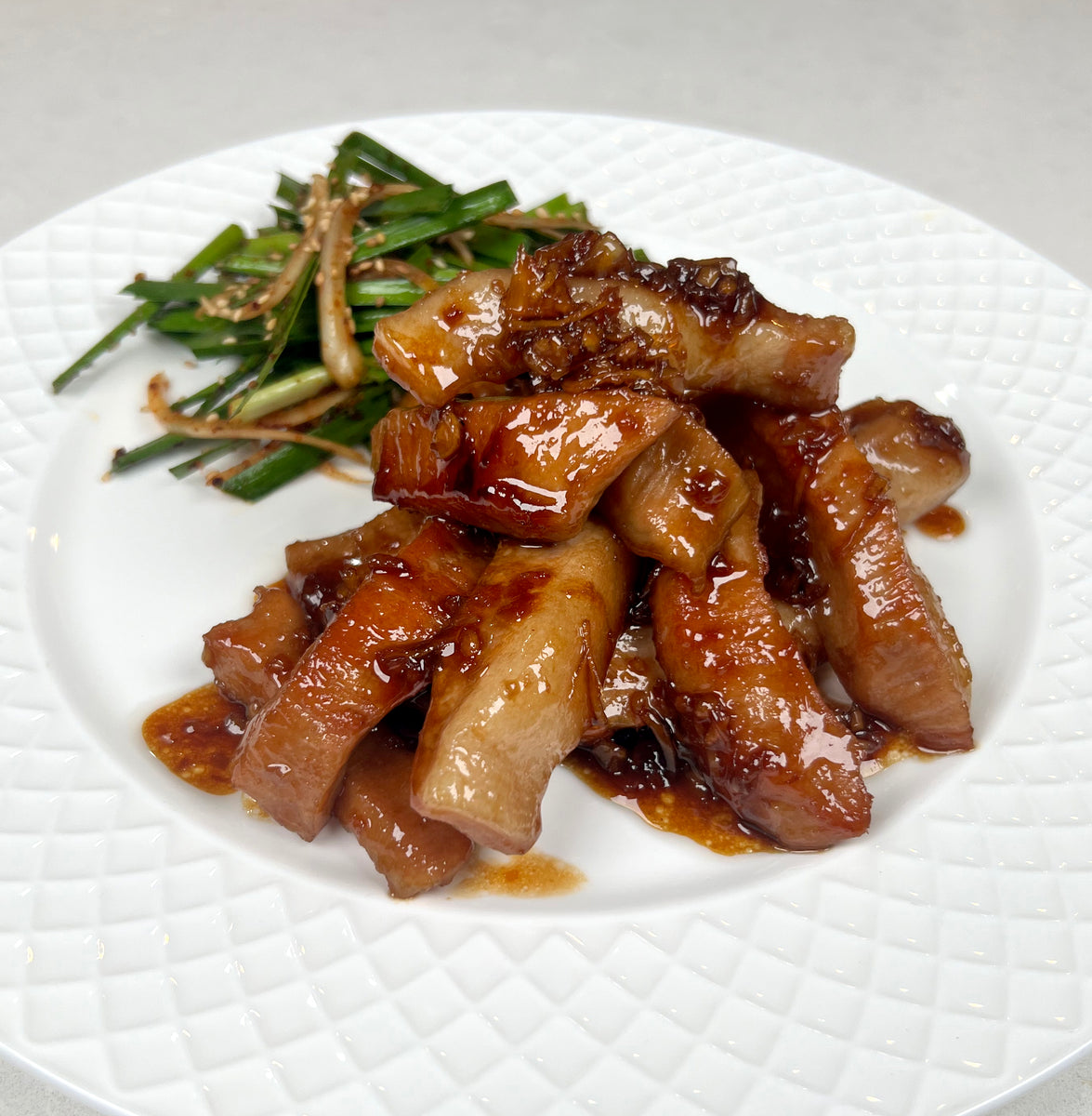 Glazed Pork Jowl with Chive Salad | Authentic Korean Recipe Online ...